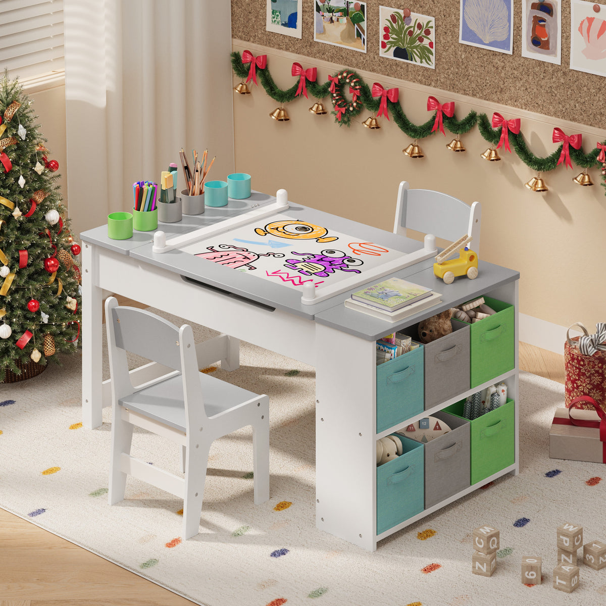 Asofer Wooden Kids Art Table & Chairs Set with Storage Desk + Portable ...